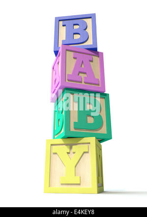 A stack of four regular baby blocks in various colors spelling out the ...
