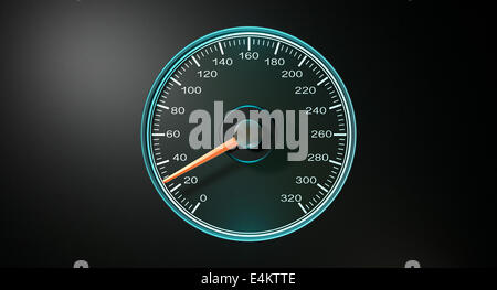 A regular speedometer with glowing blue edges and a red needle pointing ...
