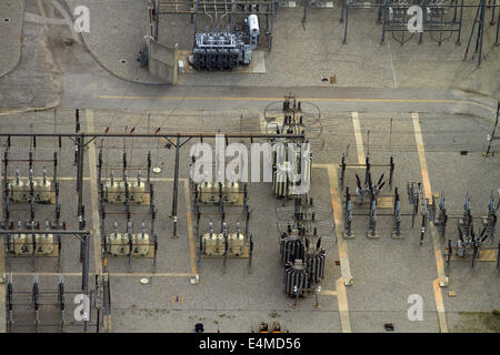 Aerial view of electricity power substation plant and pylons in the ...