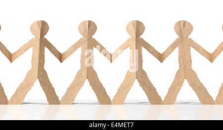 A row of brown cardboard cutout men on an isolated white studio ...