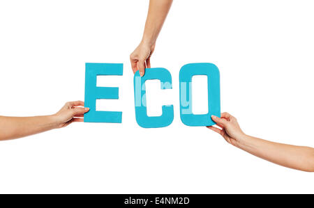 Turquoise alphabet lettering spelling ECO Stock Photo - Alamy