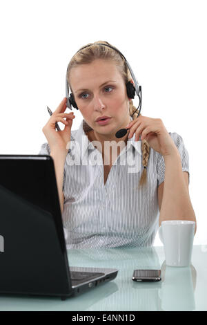 Portrait of beautiful telemarketer woman. Isolated white background ...