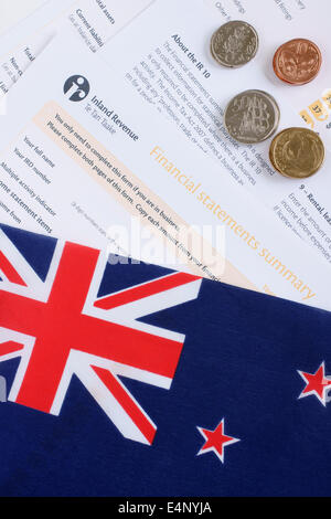 New Zealand Tax concept annual IR10 tax form with New Zealand coins and ...