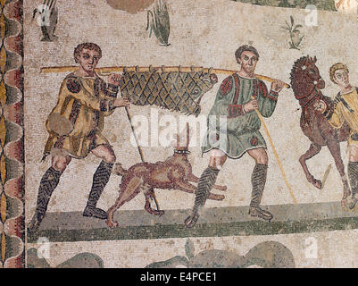 Hunters with a wild boar. Roman mosaic floor of the Room of The Small ...