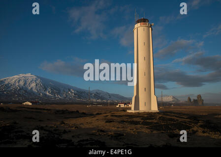 Malariff Lighthouse, Mt Snaeffelsjökull at the back, Snaefellsness ...