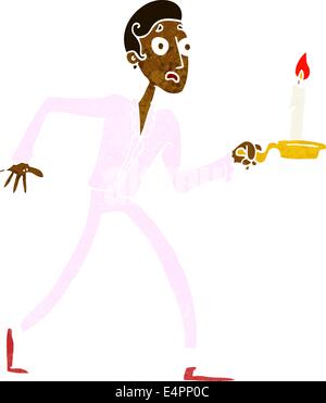 cartoon frightened man walking with candlestick with thought bubble ...