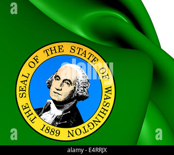 Close-up of the Washington state flag waving in the wind. Green field ...