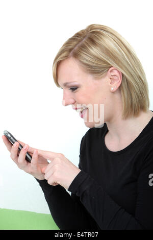 Portrait Of Excited Happy Woman Reading Letter In Kitchen Stock Photo ...