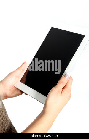 Female hands holding tablet with blank screen isolated Stock Photo - Alamy