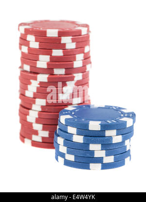 The stacks of blue and white poker chips on a red table Stock Photo - Alamy