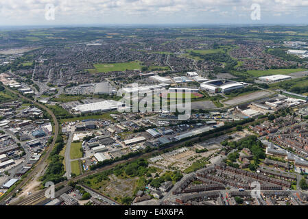 An aerial view of Wigan showing industrial areas and the railway around ...
