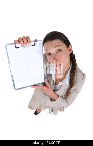 Woman showing portfolios Stock Photo - Alamy