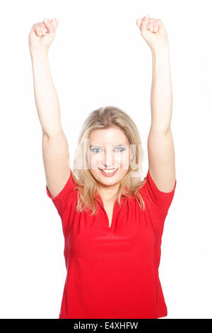 Young woman raises her arms Stock Photo - Alamy