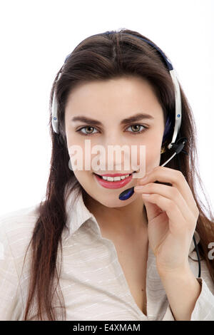 Charming young businesswoman with headset on Stock Photo - Alamy