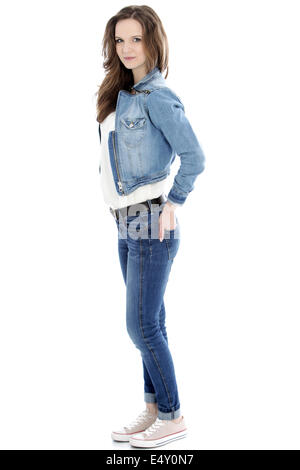 A beautiful brunette in a denim jacket shows an index finger Stock ...