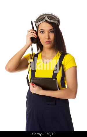 Woman with cb radio, isolated Stock Photo - Alamy