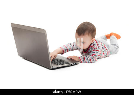 Child push button on the laptop isolated on white background Stock ...