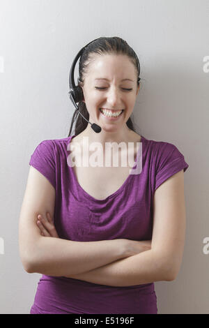 Phone call communication, agent and laughing man listening to funny ...