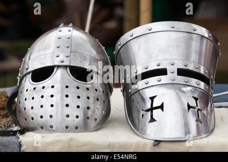Full face medieval knights helmet with intricate metal work, part of a ...
