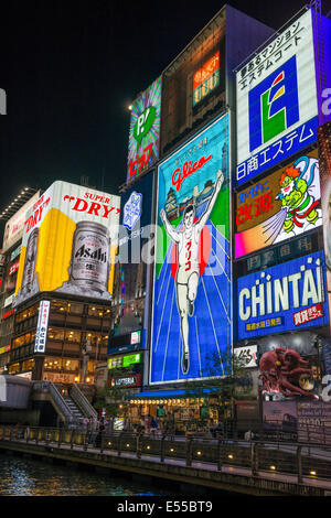 Illuminated Neon Signs along Dotonbori Canal at Night, Osaka, Japan ...