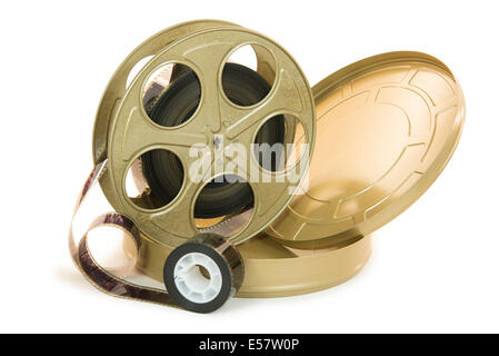 A 35mm film in a metallic golden reel, isolated over white background ...
