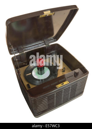 Playing back a vinyl record in an antique portable tube record player ...