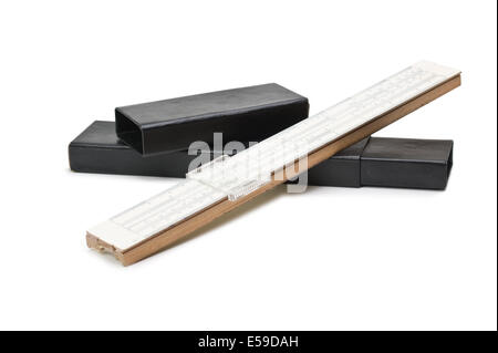 Slide rule and box isolated on white background Stock Photo - Alamy