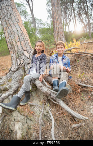 Two boys sitting on a tree branch Stock Photo - Alamy