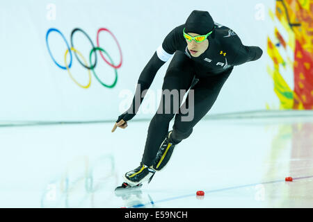 Emery Lehman (USA) competing in the men's 5000m speed skating at the ...