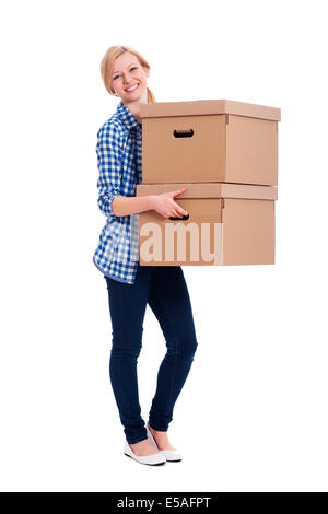 Woman carrying heavy boxes Stock Photo - Alamy