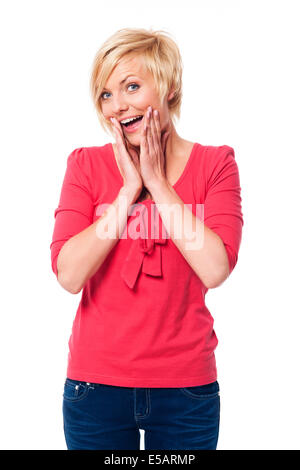 Image of excited caucasian woman expressing surprise at camera isolated ...