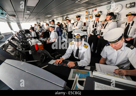 On the bridge of Royal Navy Type 45 destroyer HMS Diamond at sea with ...