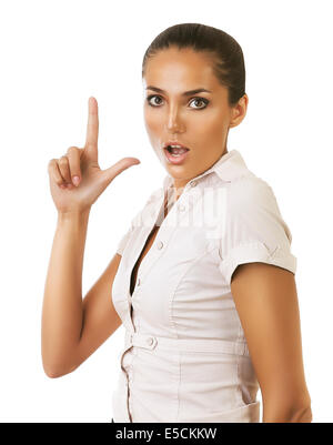 Woman businesswoman with gun on white Stock Photo - Alamy