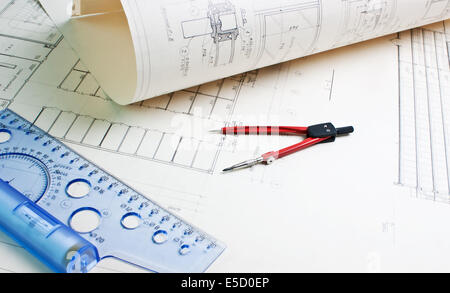 Old architectural drawing with a ruler and compass Stock Photo - Alamy