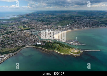 A wide aerial view of the beach at Weymouth showing the town and marina ...