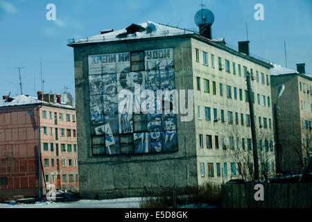Russian city buildings block flats snow telegraph Stock Photo - Alamy
