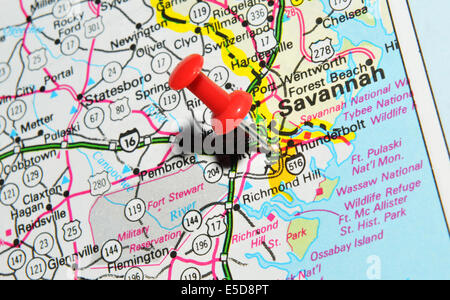 Savannah map. Savannah pinned. Map with red pin point of Savannah in ...
