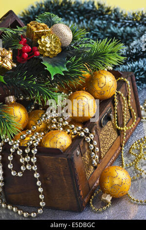 Christmas decoration in chest on Christmas background Stock Photo - Alamy