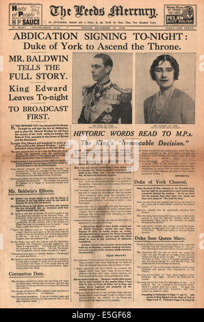 1936 Leeds Mercury front page reporting abdication of King Edward VIII ...