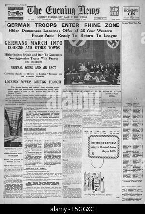 1936 Evening News (London) front page reporting German troops enter the ...