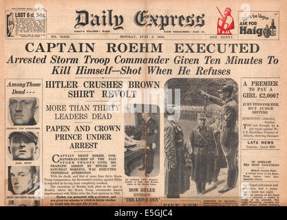 1938 Daily Express front page reporting S.A. leader Ernst Röhm executed ...