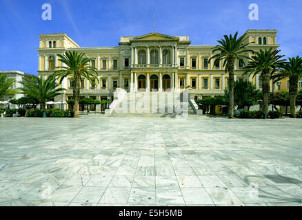 Facade of the neoclassical city Hall by Ernst Ziller in Miaouli square ...