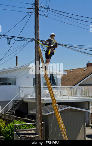 Cable installer working on residential connections at utility pole ...