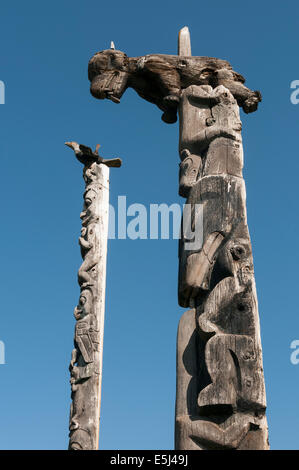 First nation totem poles of the Gitxsan natives in Gitanyow or ...
