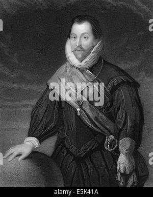 . English: Sir Francis Drake (c. 1540-1596), facing left in pleated ...