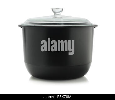 Black pot with glass lid on white marble table, top view Stock Photo ...
