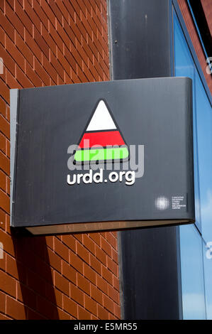 Urdd Gobaith Cymru sign, Millennium Centre, Cardiff Bay. Cardiff, South ...