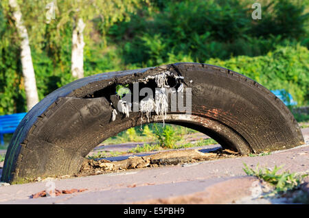 damaged tire after tire explosion at high speed on highway Stock Photo ...