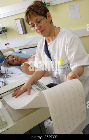 38 year old female patient undergoing an electrocardiography (EKG ...