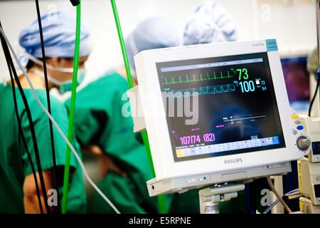 Anaesthetic monitoring equipment during surgery, St Antoine hospital ...